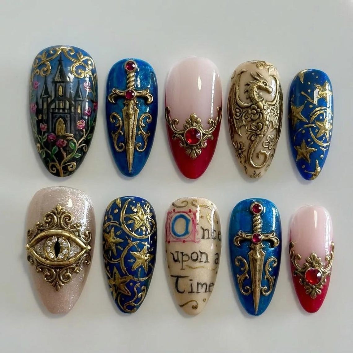 Fairytale Fantasy Press on Nails | Dark Blue Castle and Dragon Nail Art ...