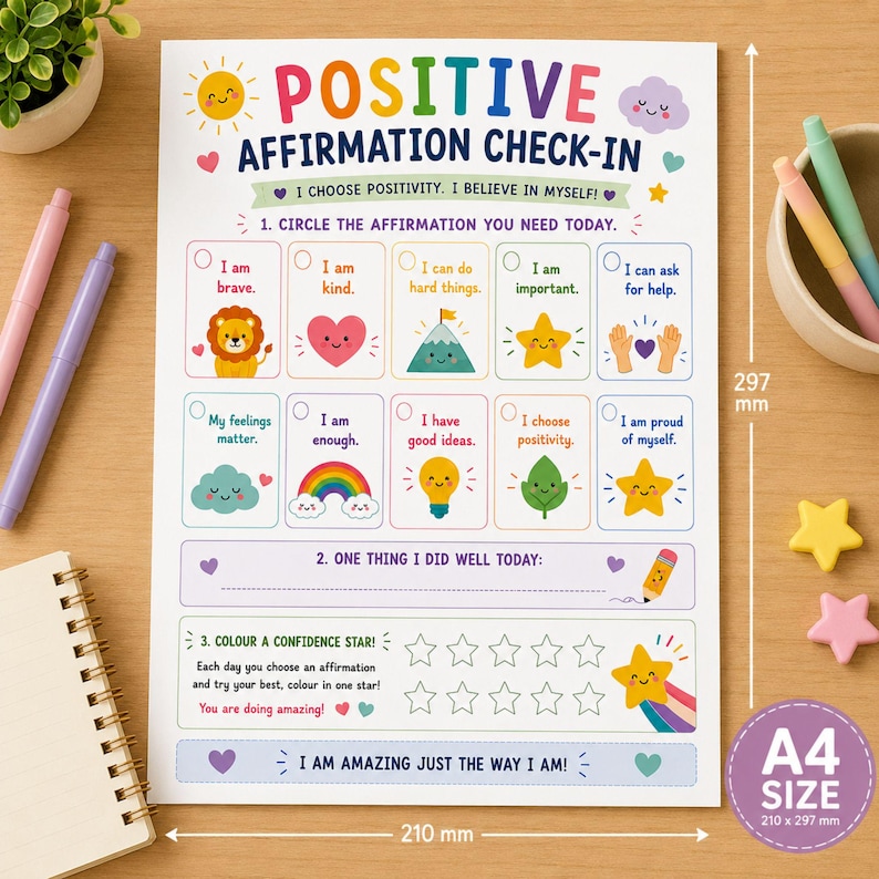 Positive Affirmations for Kids | Daily Confidence Check-in Worksheet ...