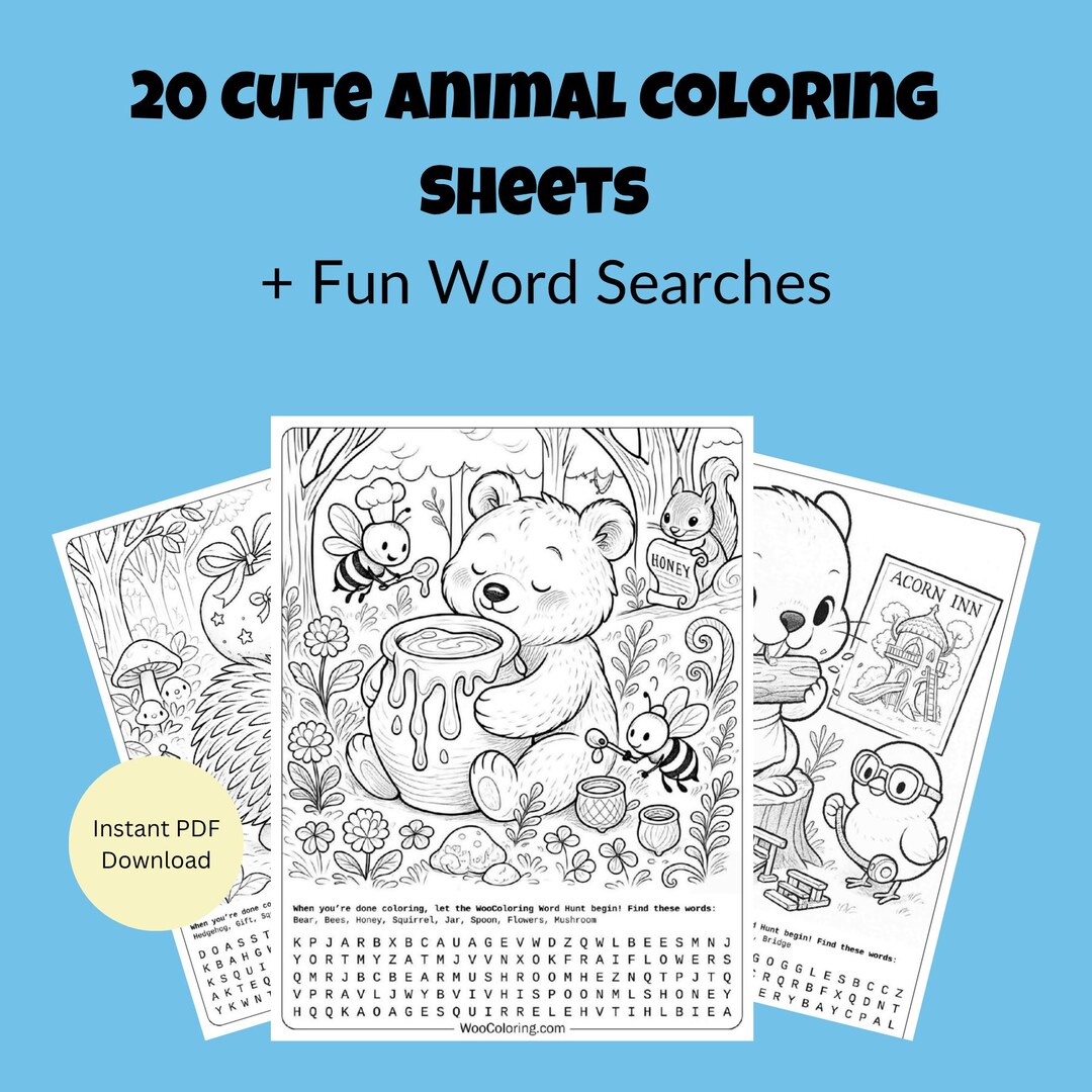 Cute Animal Coloring Pages With Word Searches - Printable Activity Book ...