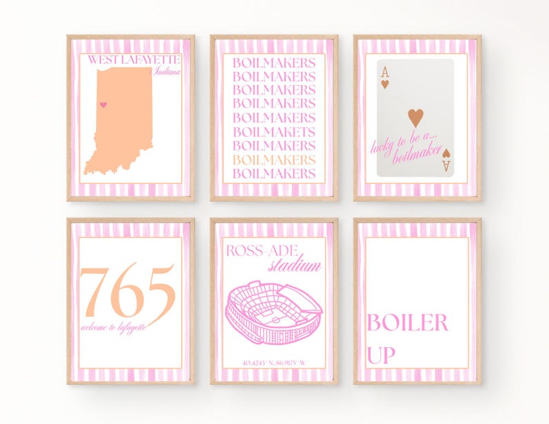 Purdue University Print Set- Set of 6, College, Apartment, Dorm, Wall ...