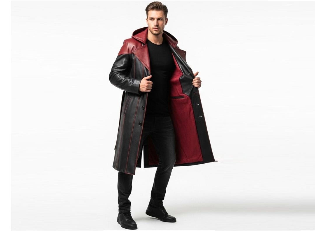 Handmade Black & Red Leather Hooded Trench Coat | Gothic Duster ...