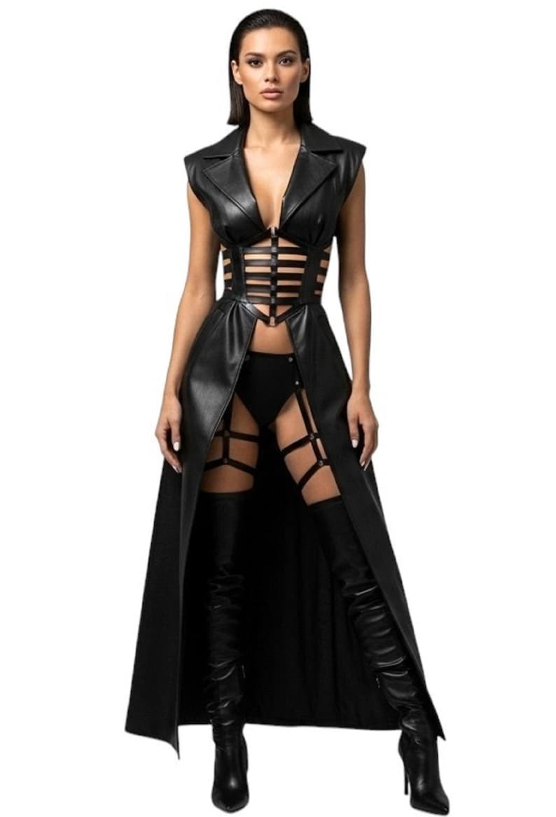 Handmade Black Leather Fetish Coat Sexy Harness Long Coat Gothic
