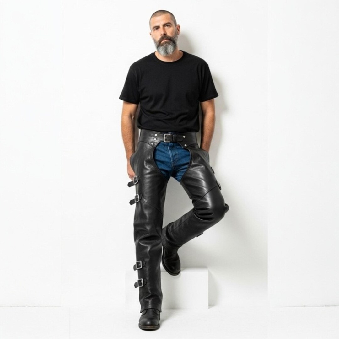 Handmade Black Leather Biker Chaps – Adjustable Buckled Festival Pants ...