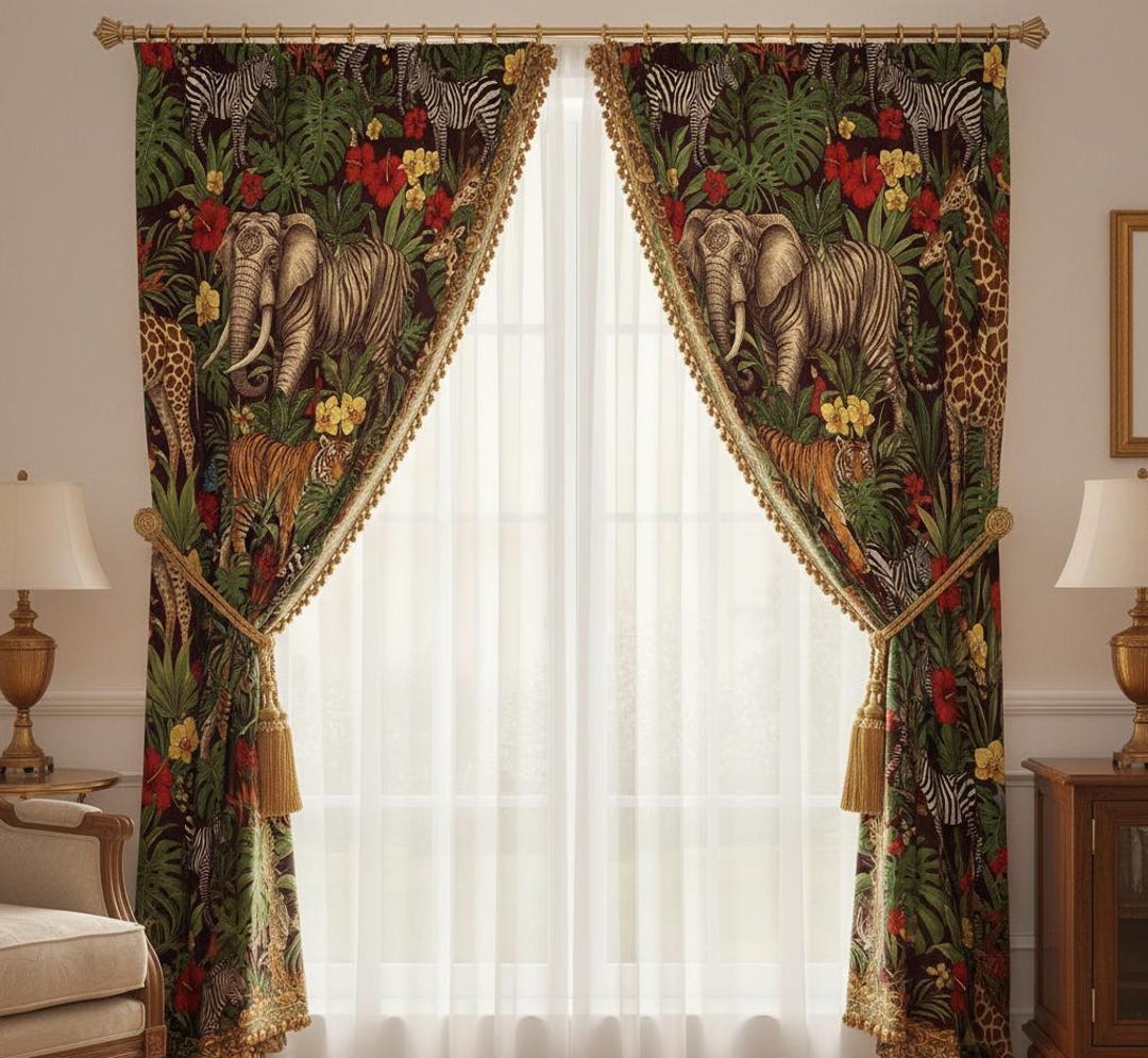 Wild Animals in a Lush Jungle Window Curtains, Dense Floral Panel ...