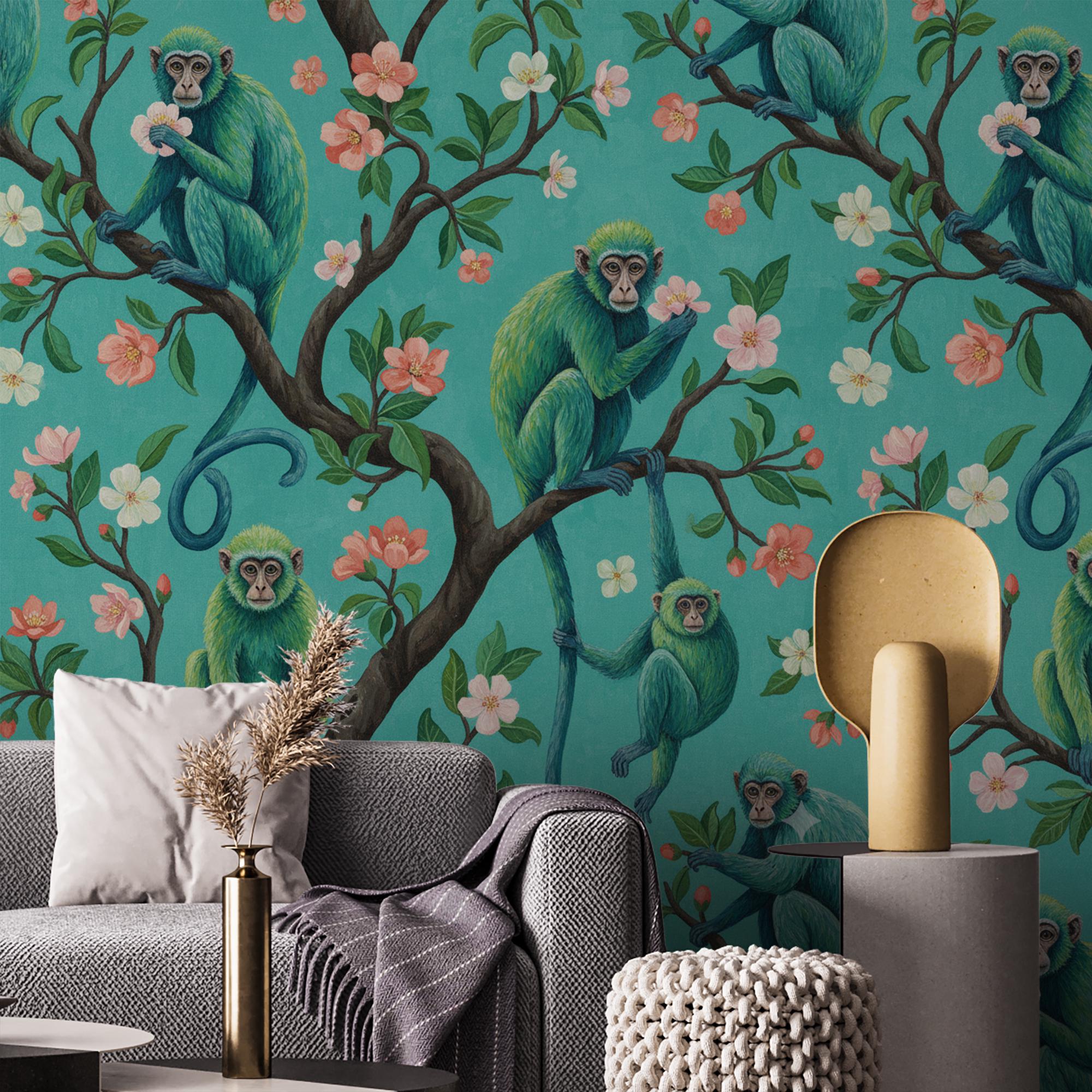 Chinoiserie Monkey Jungle Wallpaper - Antique Style Peel and Stick - Etsy