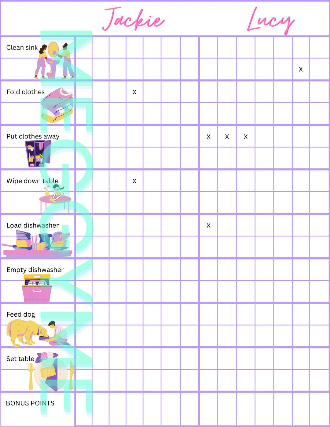 Kids Chore Chart PRINTABLE With Space for 2 Write-in Names Check List ...