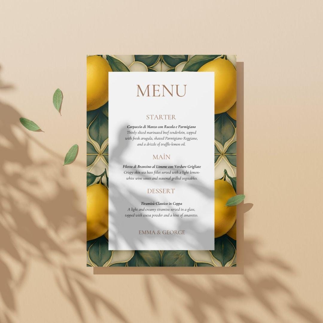 Lemon Wedding Menu Template – Editable Canva Design – Mediterranean ...