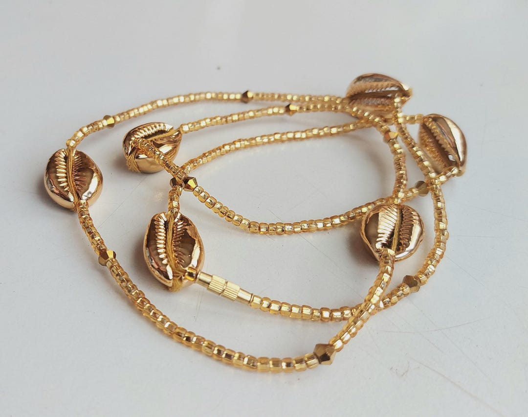 All Gold Custom Made Waist Beads, Glass, Crystals, Metal Cowrie Shells ...