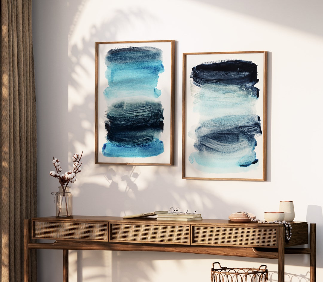 Blue Abstract Modern Art Print Set of Two Diptych Wall Art Watercolor ...