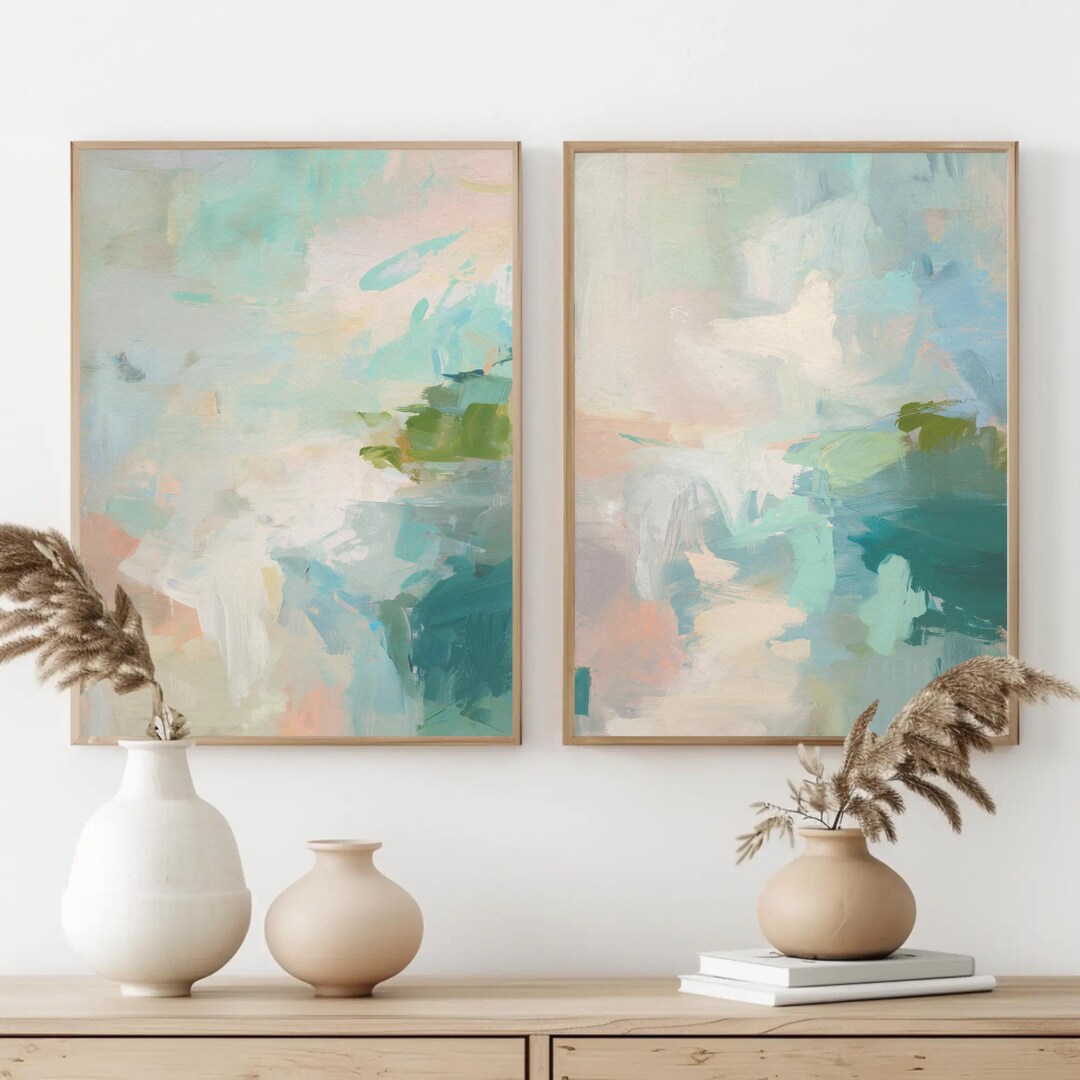 Mint and Blush Abstract Wall Art | Modern Geometric Painting Print - Etsy