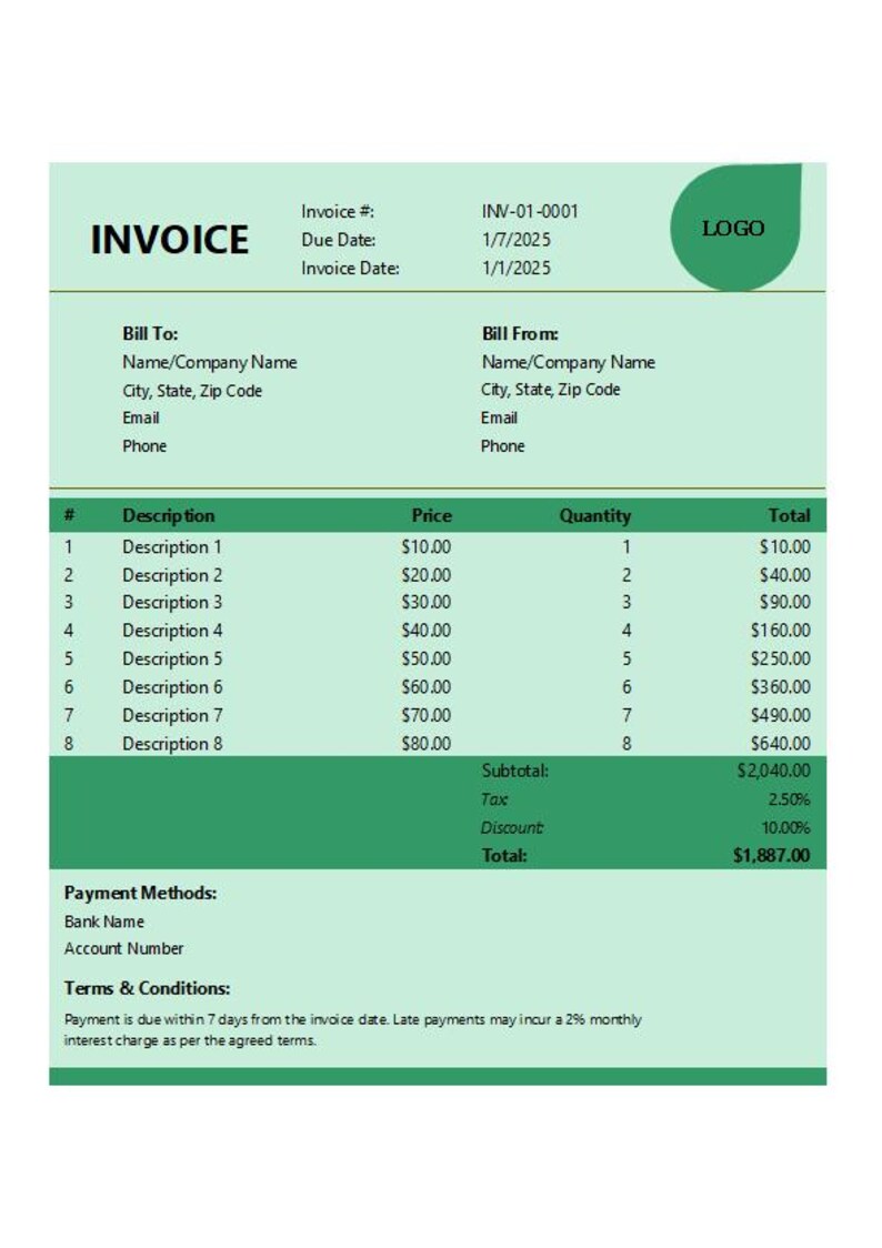 Excel Invoice Template - Etsy