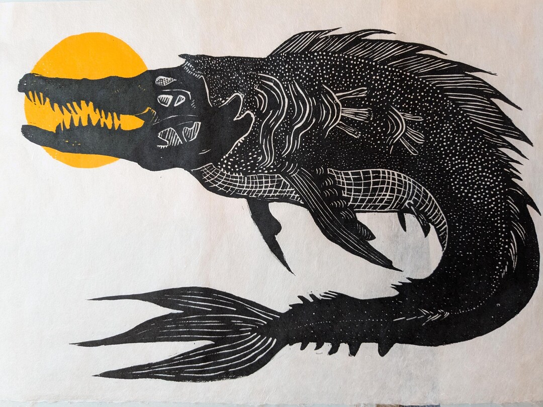 Jumbo Sea Monster Original Handmade Linocut Print Linoleum Block Print ...