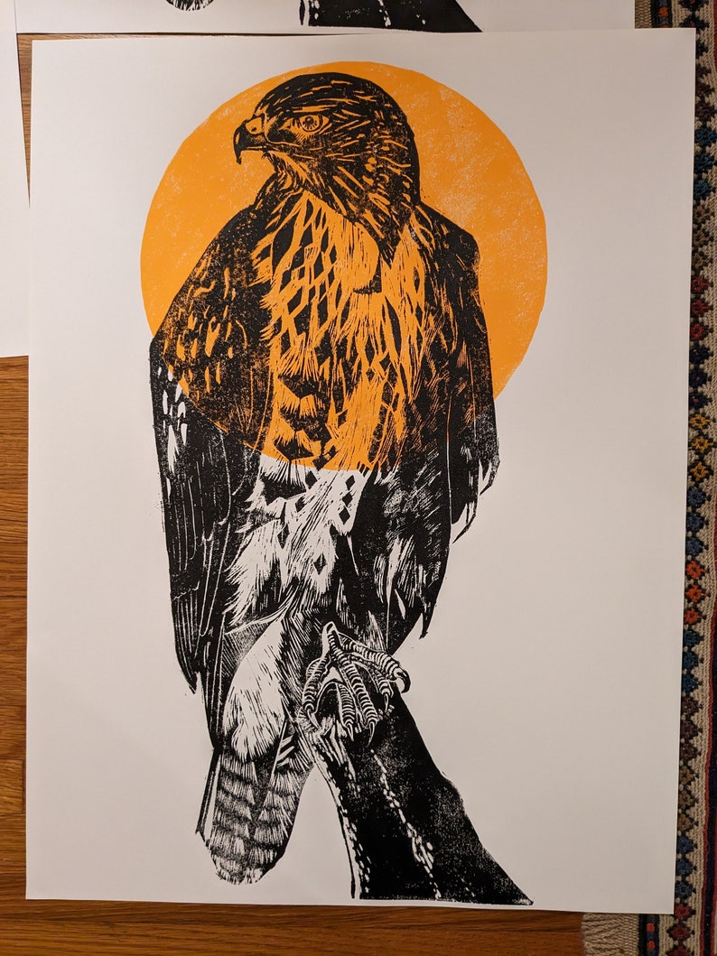 Red Tailed Hawk Original Handmade Large Linocut Print Linoleum Carved ...