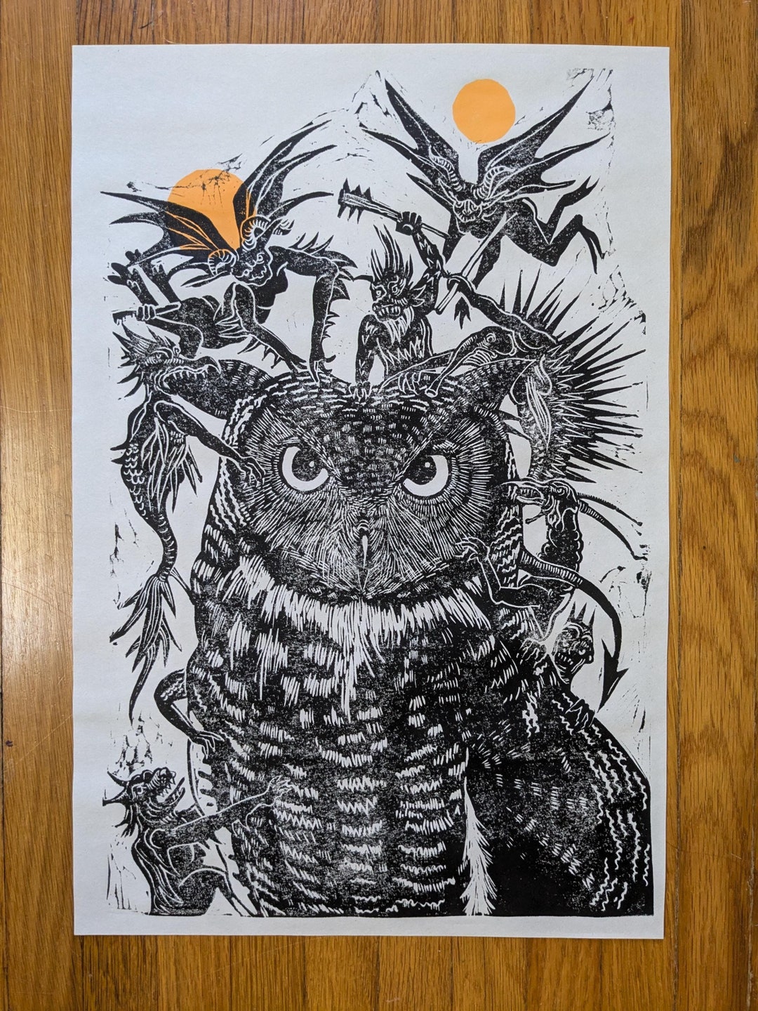 Great Horned Owl Beset by Demons Original Handmade Large Linocut Print ...
