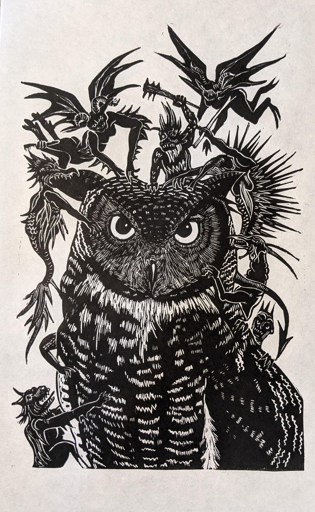 Owl & Demons Linocut Print, Gothic Fantasy Art, Dark Surreal Home Decor ...