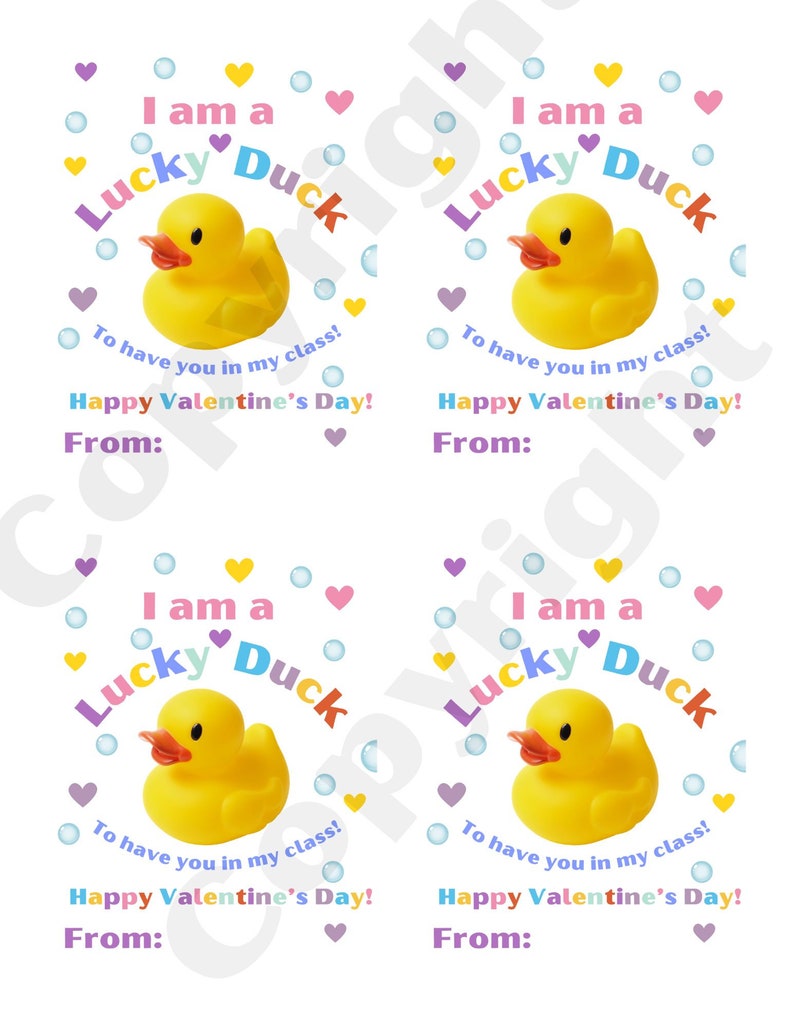 Printable | Lucky Duck | Valentine's Day Card Kids Classroom Rubber ...
