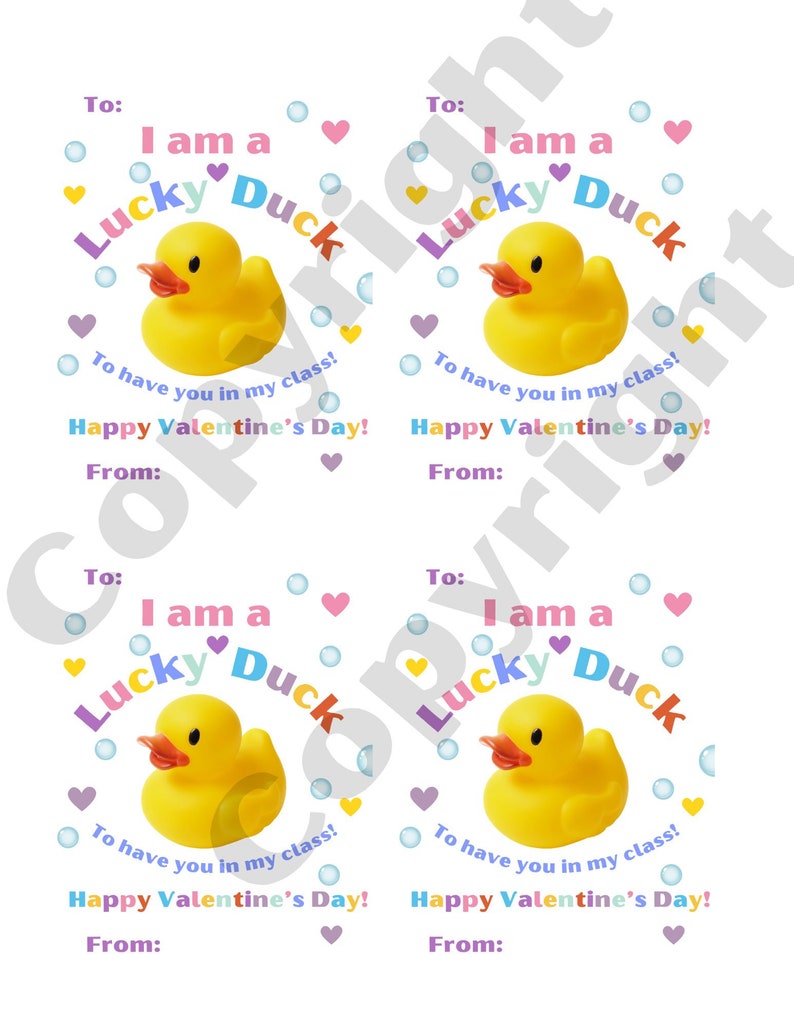 Printable | Lucky Duck | Valentine's Day Card Kids Classroom Rubber ...