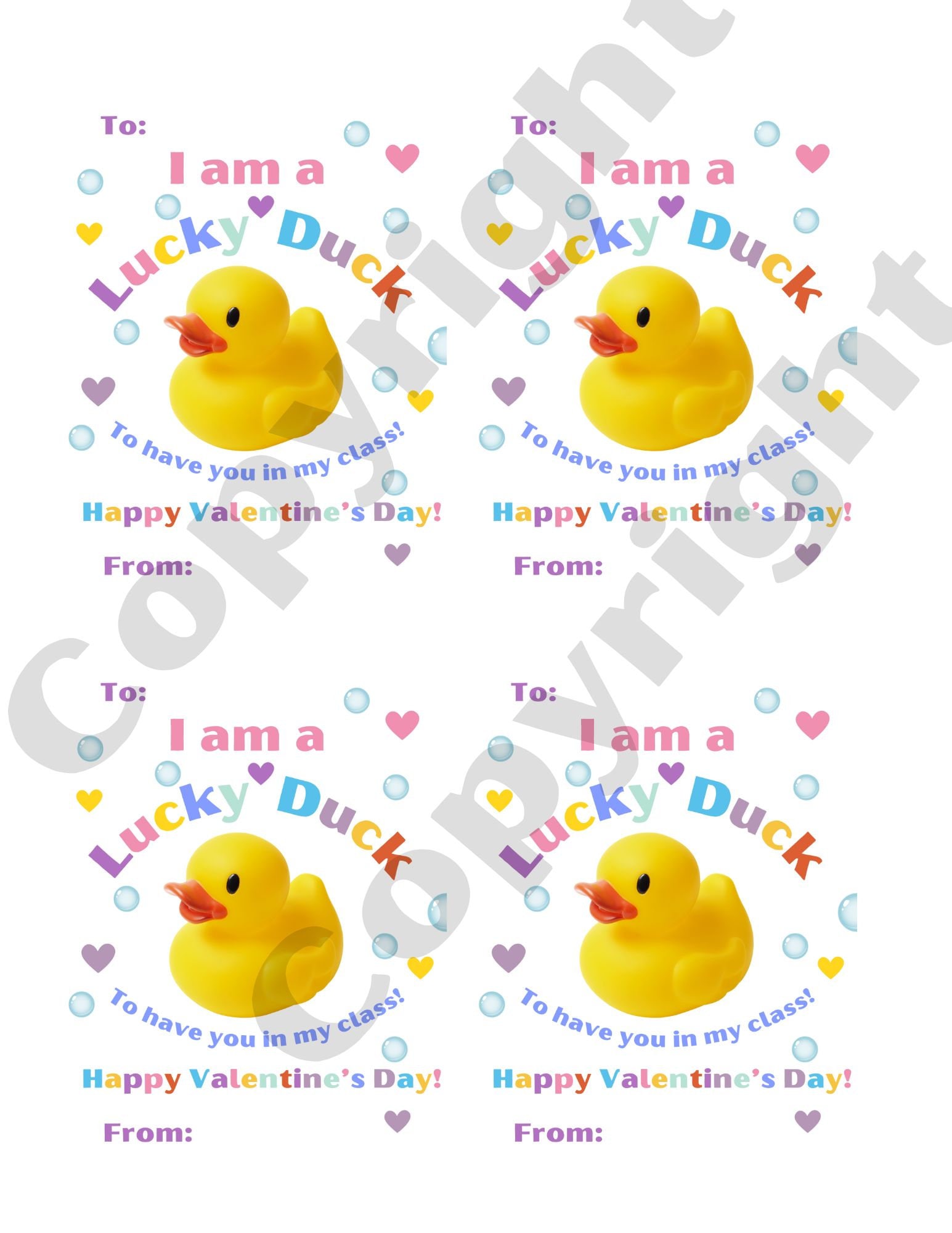 Printable | Lucky Duck | Valentine's Day Card Kids Classroom Rubber ...
