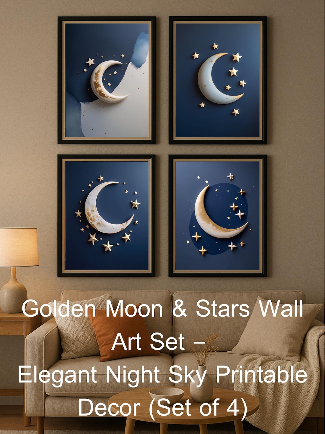 Golden Moon & Stars Wall Art Set – Elegant Night Sky Printable Decor ...