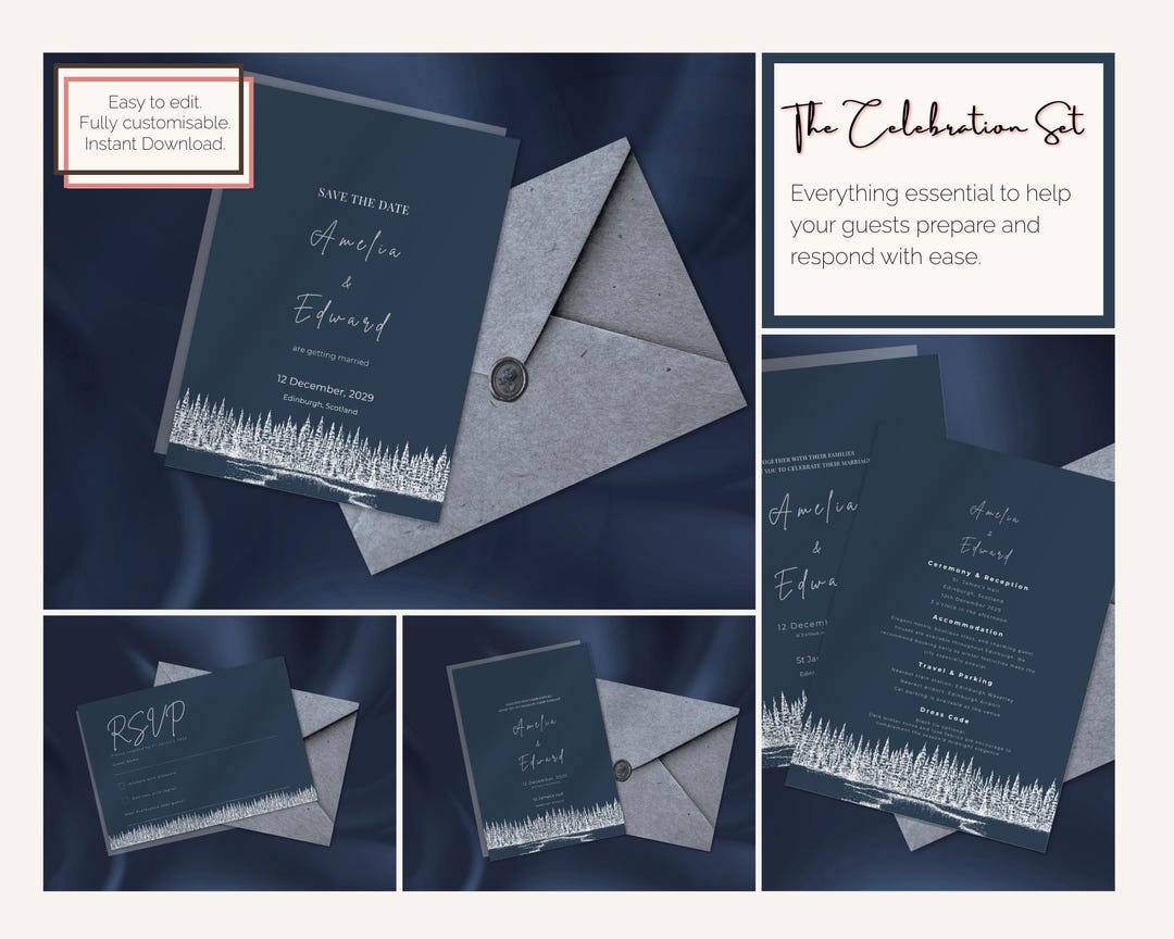 Winter Frost Wedding Invitation Template Bundle With Details and RSVP ...
