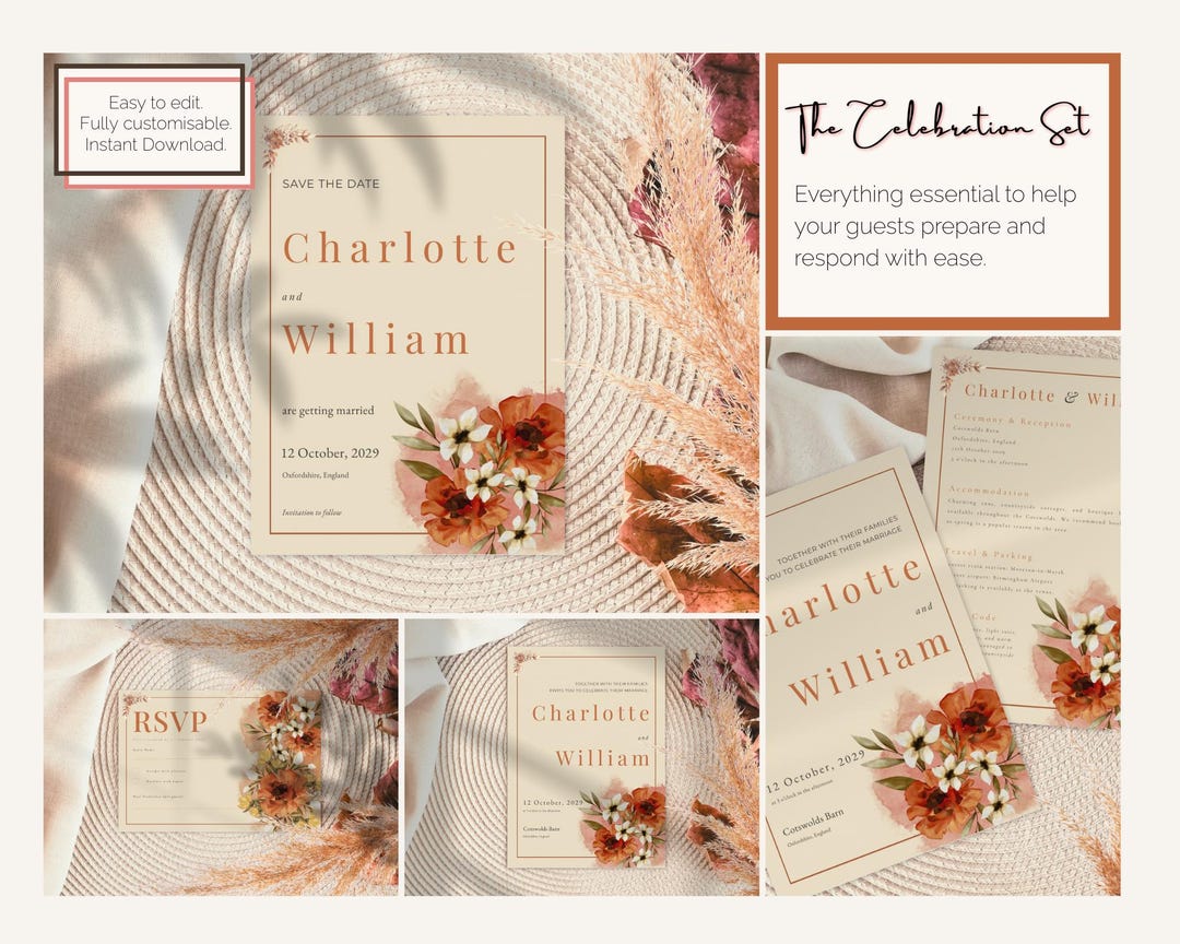 Terracotta Wedding Invitation Suite, Fall Floral Design (digital ...