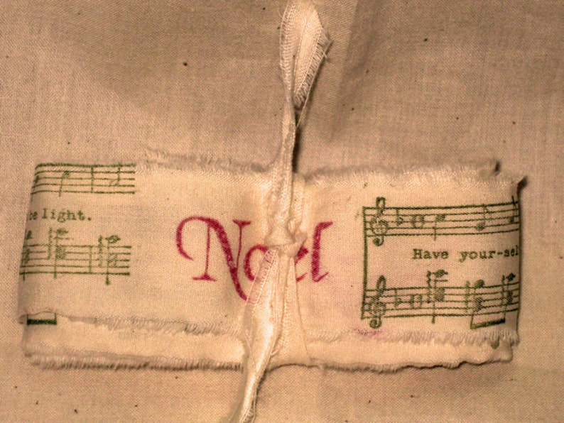 Muslin Christmas Music and Noel Vintage Hand Stamped Muslin Ribbon ECS ...
