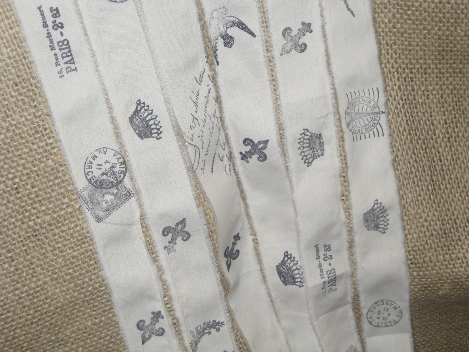 Hand Stamped Ribbon, Muslin Ribbon, Vintage Ribbon, Shabby Chic Ribbon ...