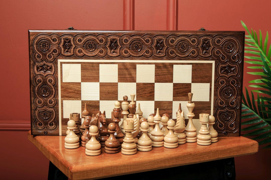 Walnut Wood Chess Backgammon Set Handmade Foldable Carved Board, Dual ...