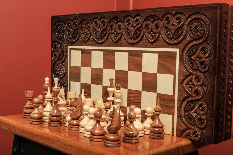 Classic Queens Gambit Chess Set Handmade Oak Inlaid Folding Board ...