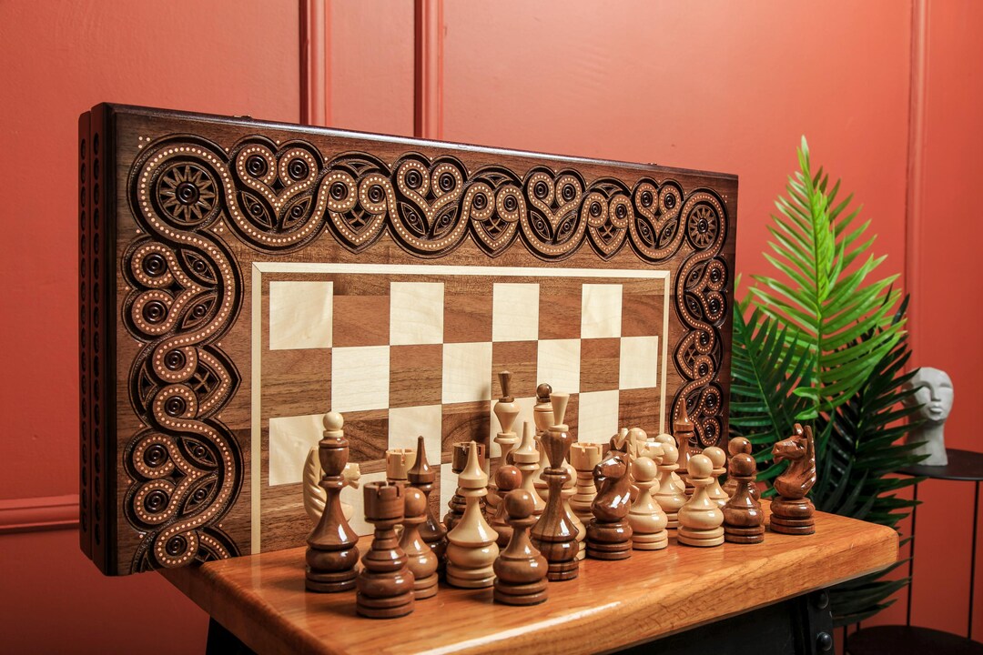 Classic Queens Gambit Chess Set Handmade Oak Inlaid Folding Board ...