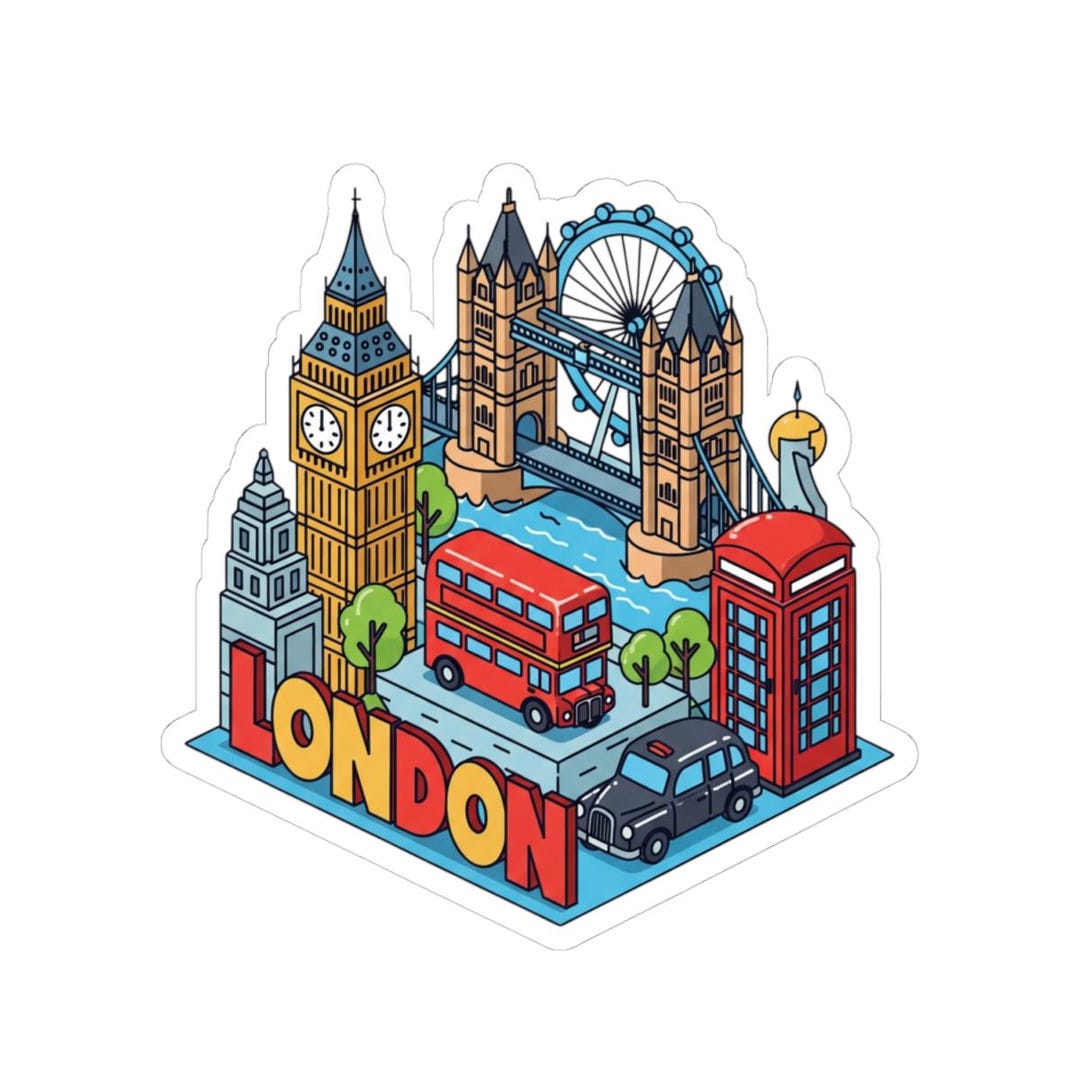 London Cartoon Sticker | Cute London Landmarks Vinyl Sticker With Big ...