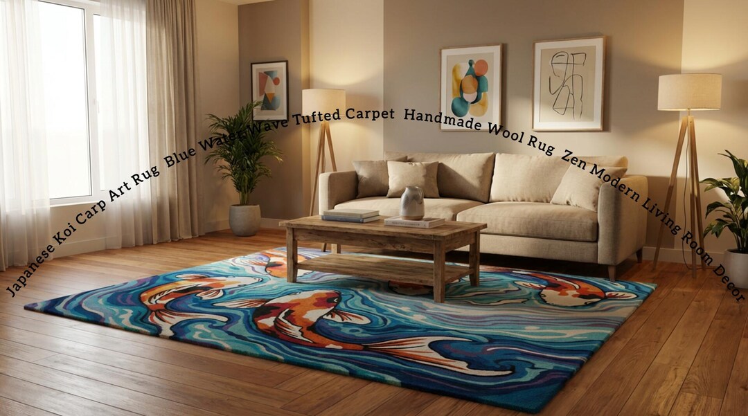 Koi Fish Area Rug Japanese Koi Carp Art Rug Blue Water Wave Tufted ...