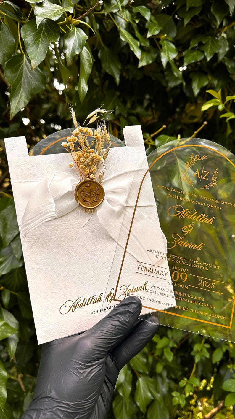 Gold Foil Acrylic Wedding Invitation: White Envelope, Wax Seal & Dried ...