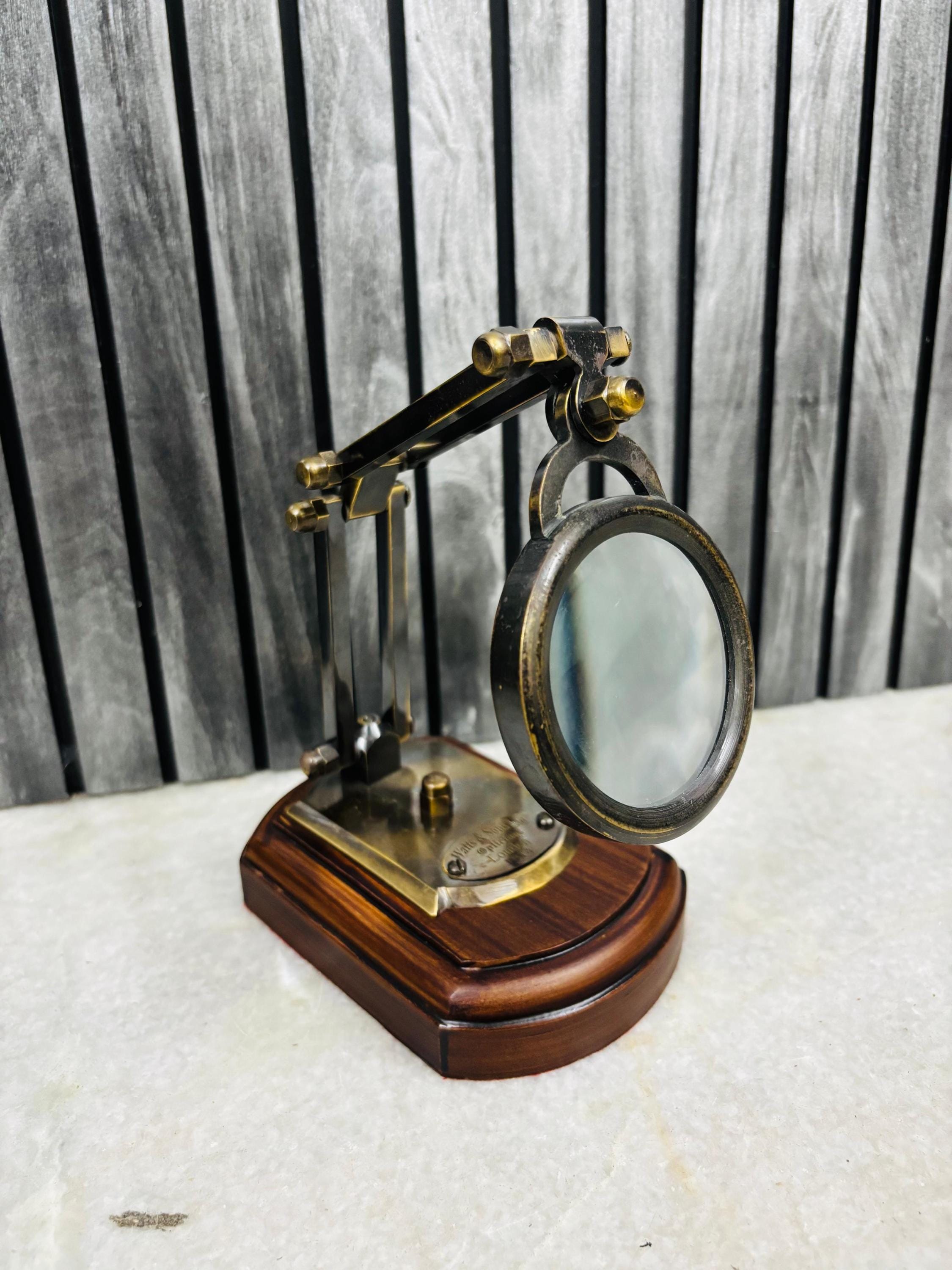 Brass Magnifying Glass With Wooden Lamp Type Stand Vintage Antique ...