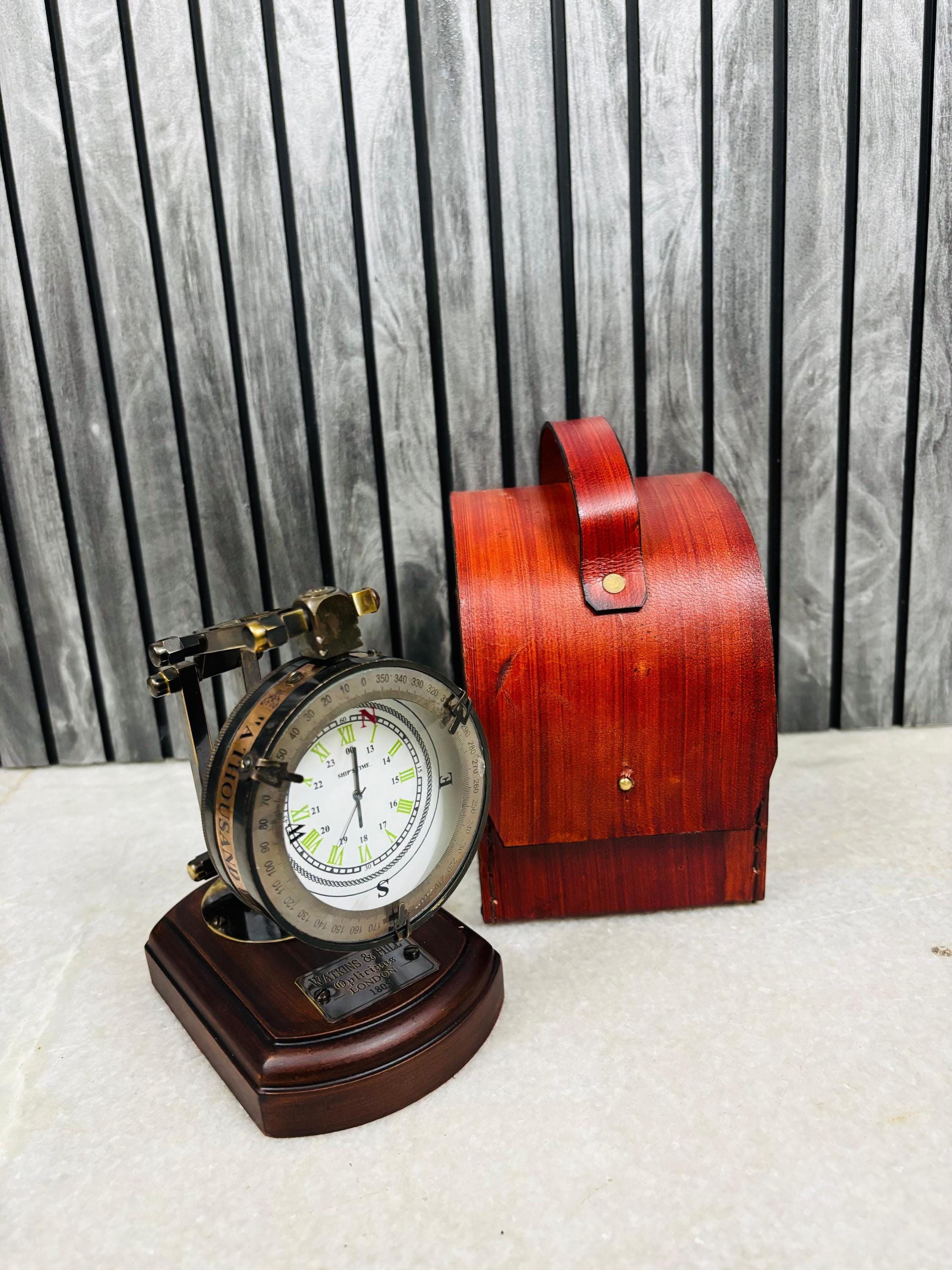 Vintage Brass Desk Clock With Wooden Stand & Leather Case - Etsy