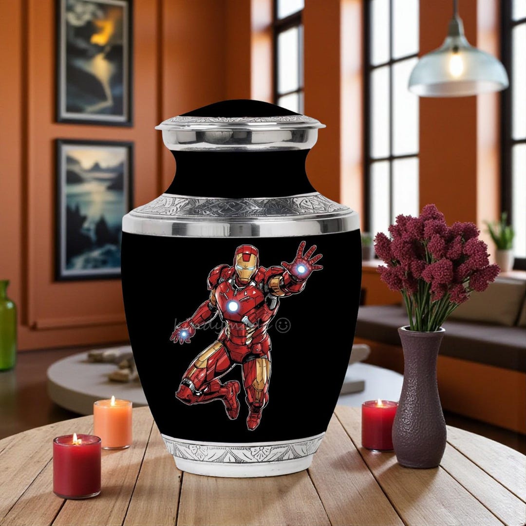 Iron Hero Tribute Cremation Urn – Black & Silver Metal Urn for Ashes ...