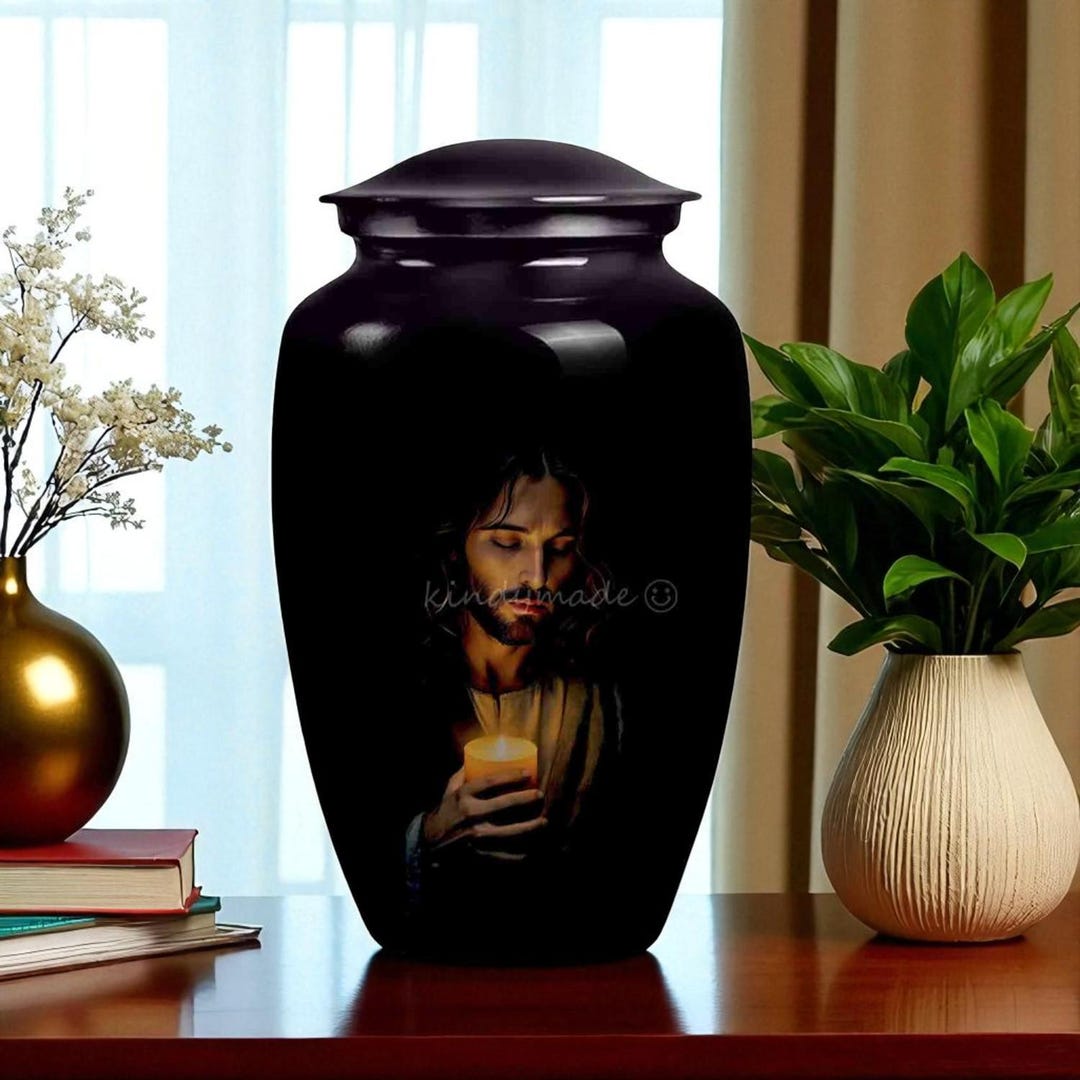 Jesus Candle Cremation Urn: Christian Memorial Tribute, Black Aluminum ...