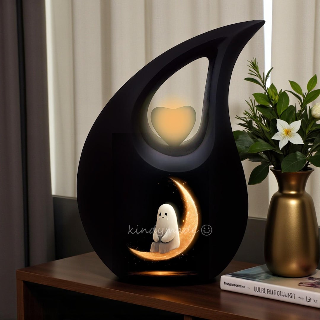 Ghost on Crescent Moon Cremation Urn for Ashes | Black Teardrop ...