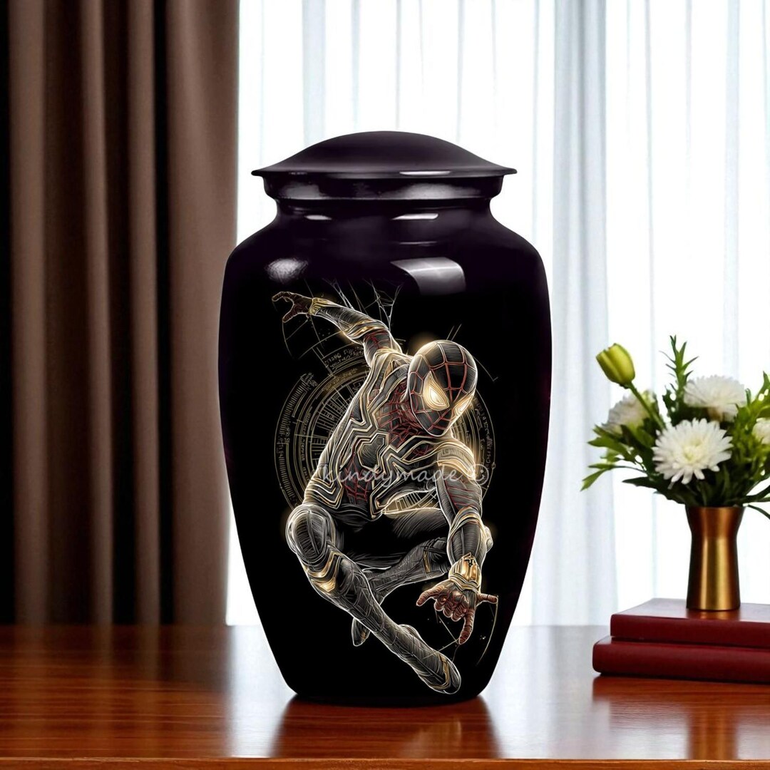 Superhero Cremation Urn: Black & Gold Tribute - Web of Legacy Burial ...