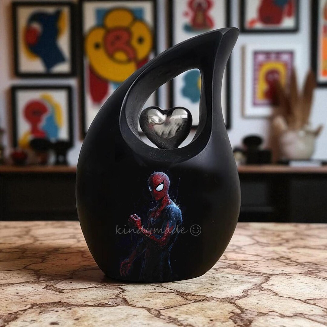 Spider Hero Drop Shape Cremation Urn With Heart Keepsake – Black Metal ...