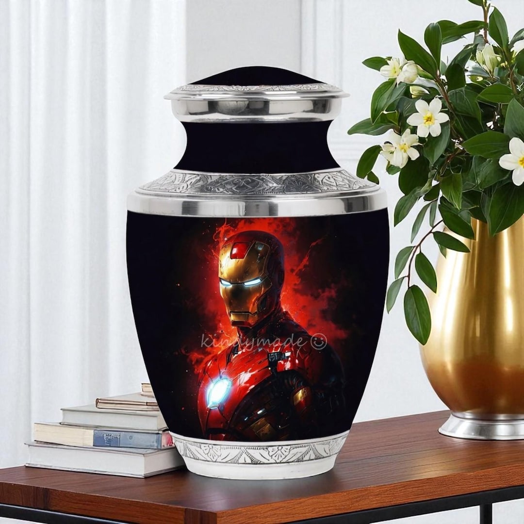 Iron Hero Cremation Urn – Red & Gold Metal Memorial Urn – Superhero ...