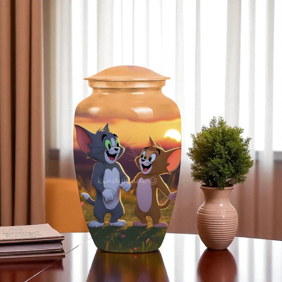 Cartoon Sunset Cremation Urn: Playful Tribute, Aluminum, Satin Gold ...