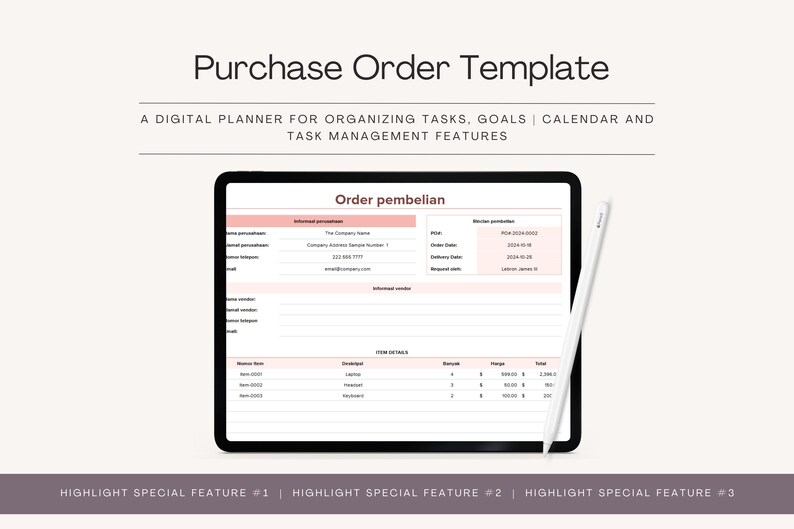 Purchase Order Dashboard Template - Editable Business Form - Google ...