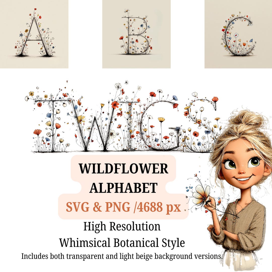 Cottagecore Wildflower Twig Alphabet Clipart (A-Z), Botanical Letters ...