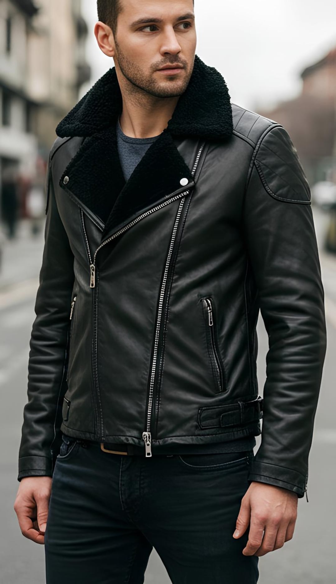 Fur-lined Side-zip Leather Jacket – Men’s Winter Coat, No Logo, Clean ...