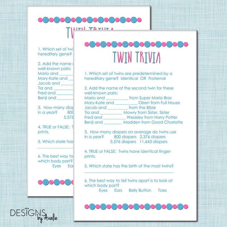 INSTANT DOWNLOAD Twin Trivia Baby Shower Game for Boy Girl Twins in ...