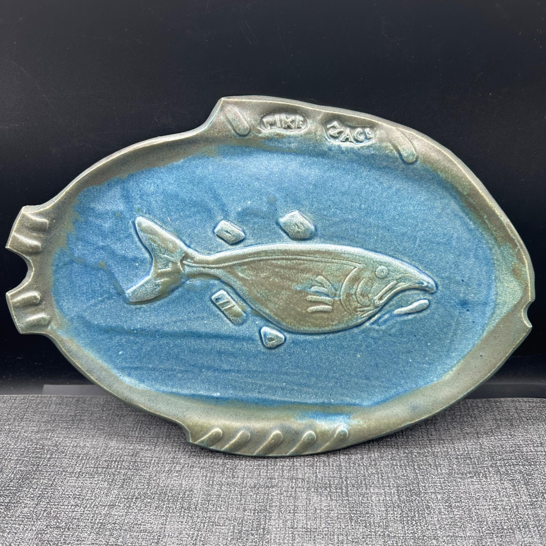 Handmade Studio Pottery Fish Platter Blue Glaze Signed Artisan Coastal ...