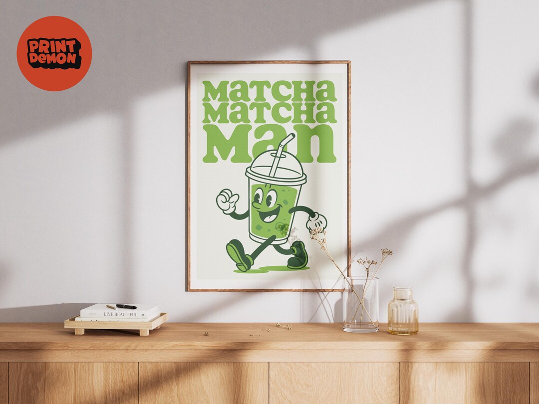 Matcha Man Latte Wall Art Print – Rubber Hose Cartoon Style | Kawaii ...