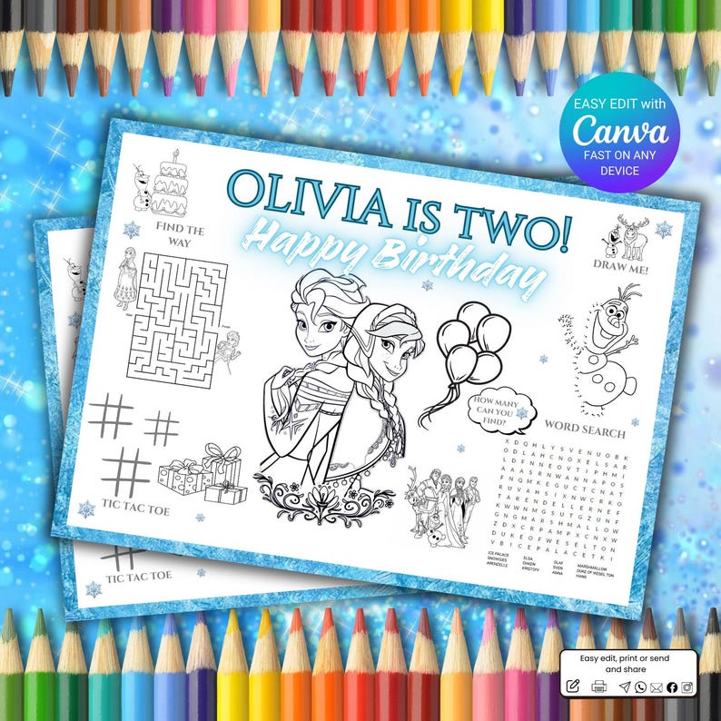 Editable Frozen Activity Placemat | Printable Snow Princess Coloring ...