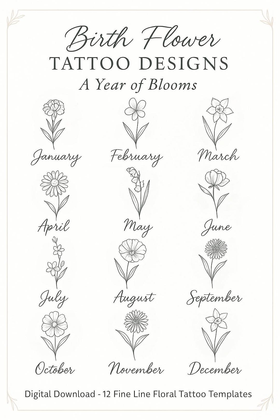 Birth Flower Tattoo Design: Minimalist Line Art (digital Download, Jan ...